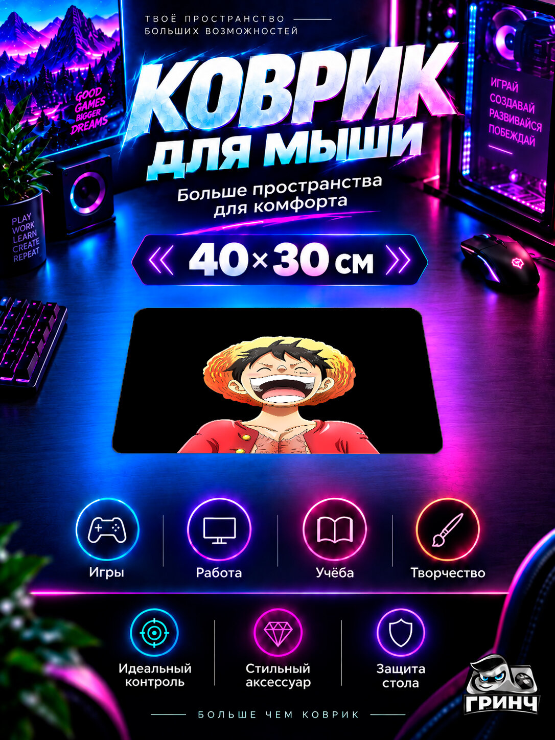 Игровой коврик для мыши 40×30 см — One Piece / Ван-Пис — Luffy Dark Minimal
