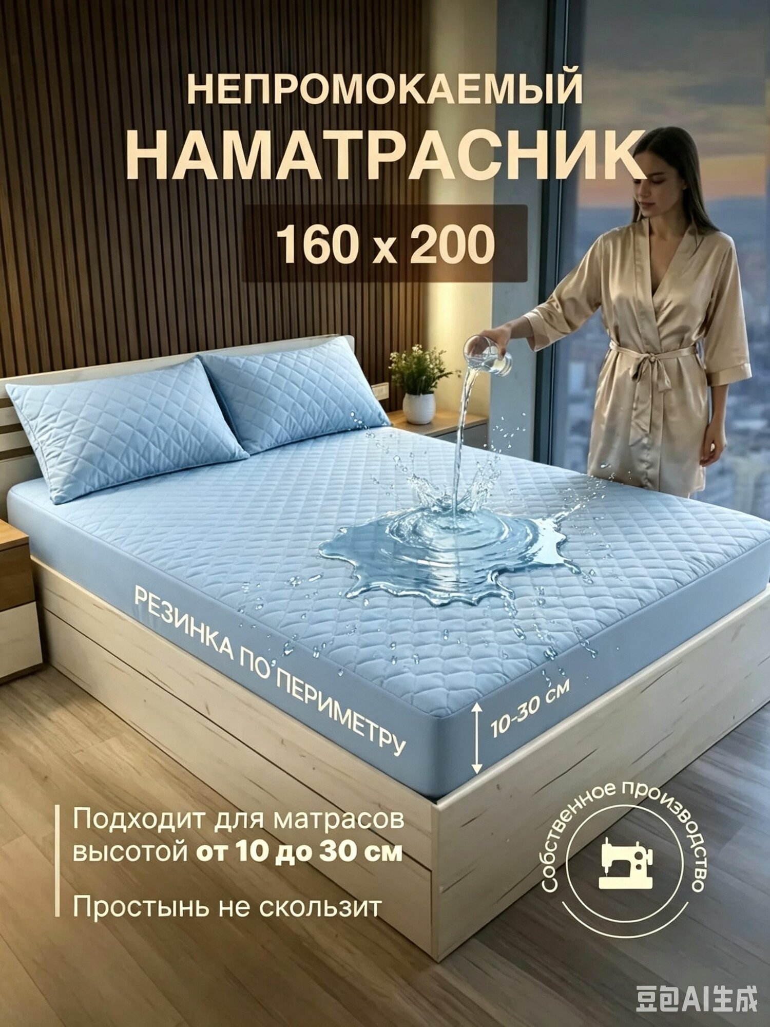 Наматрасник 135x200 см непромокаемый с резинкой по периметру, голубой