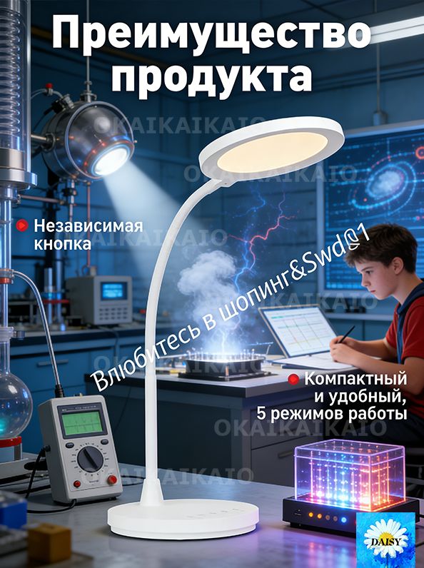Лампа настольная светодиодная ЭРА NLED-519 гибкая ножка 5 режимов 17 Вт 55 см для школьника белый светильник