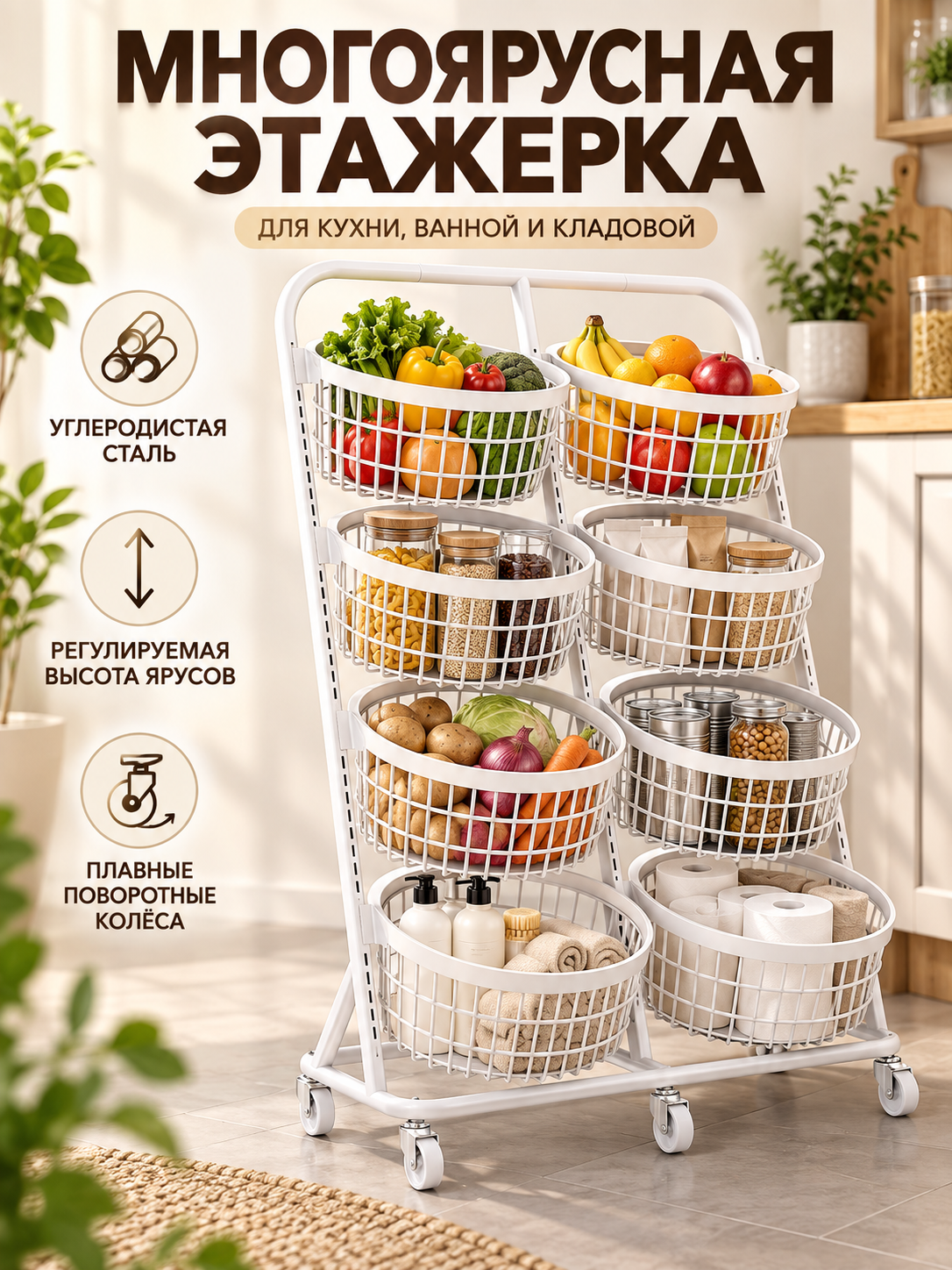 Многоярусная этажерка из углеродистой стали с корзинами и колёсами, регулируемая высота ярусов, мобильный органайзер для кухни, ванной и кладовой