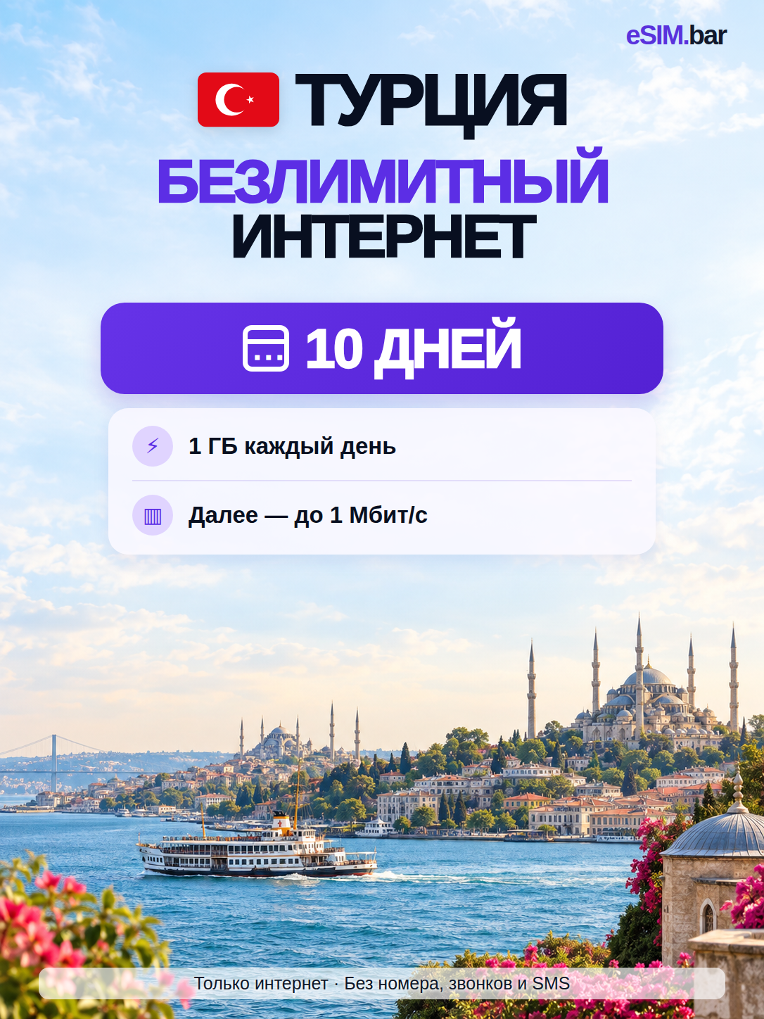ESIM для Турции — безлимитный интернет на 10 дней, 1 ГБ/день на высокой скорости