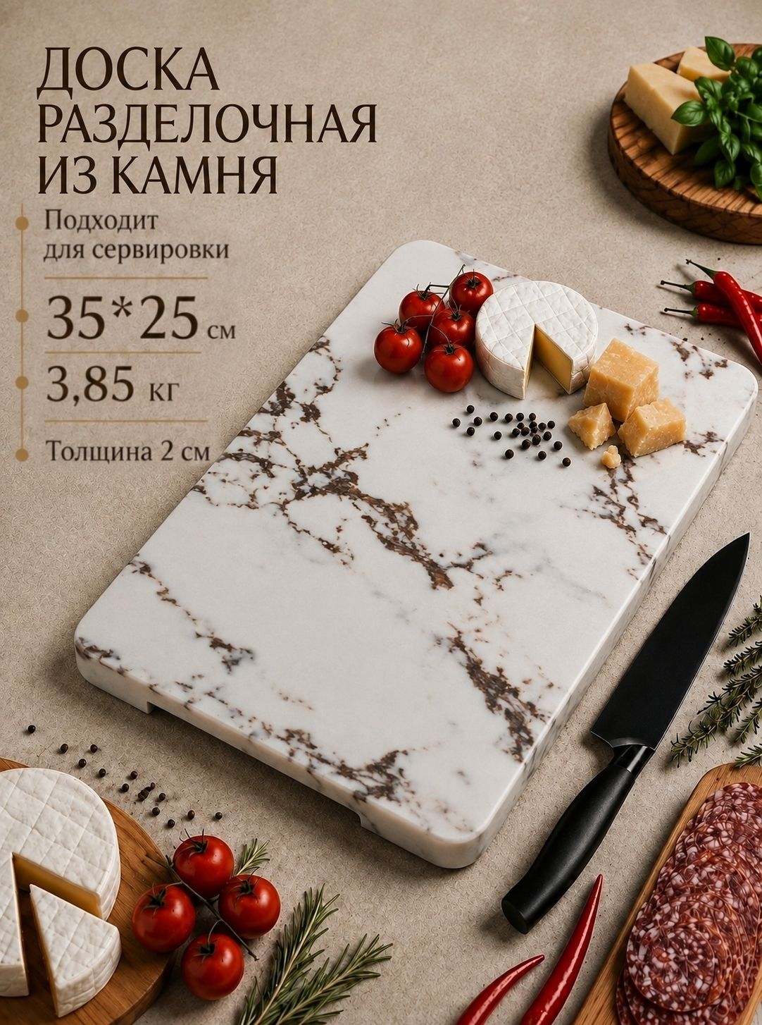 Каменная разделочная доска 35*25*2 см, сервировочная доска из камня для нарезки и подачи блюд