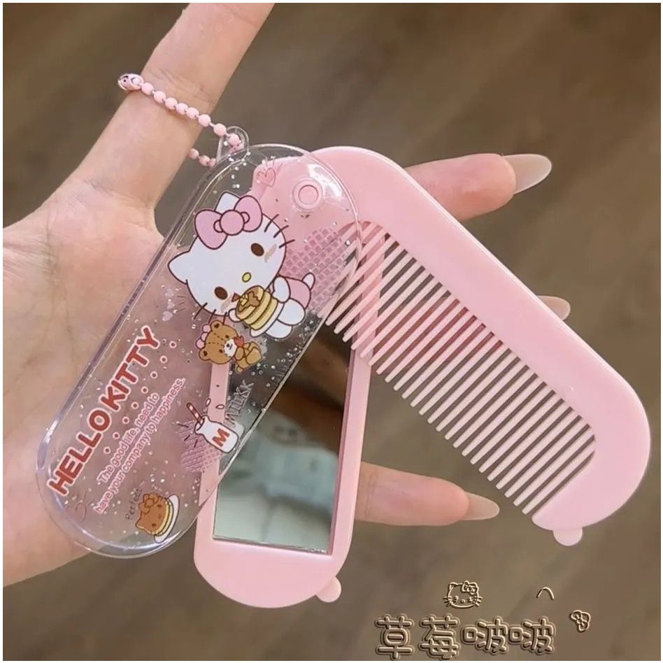 Складной набор для макияжа 2в1 с зеркалом и расческой Hello Kitty, компактный аксессуар для девочек