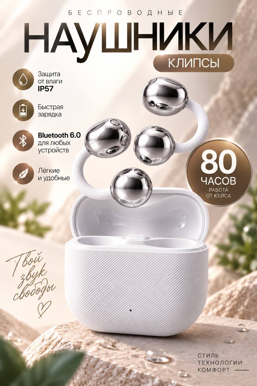 Наушники беспроводные белые клипсы, спортивные, Bluetooth, USB Type-C
