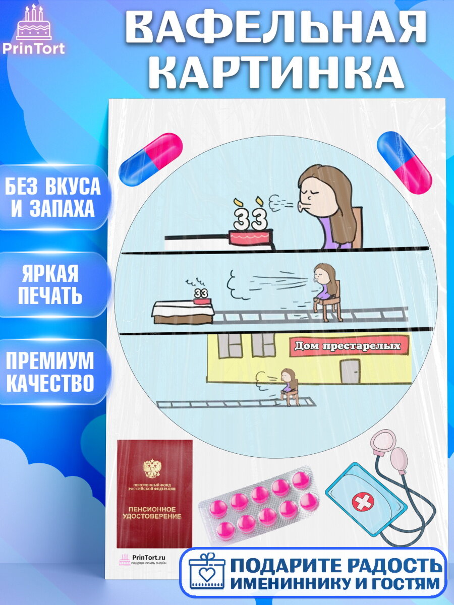 Вафельная картинка для торта Девушке на пенсию. Украшения для торта девушке на День Рождения. Декор для выпечки PrinTort