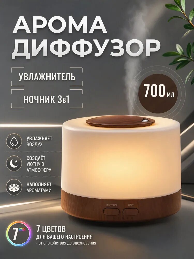 Ночник-увлажнитель с аромадиффузором 7 цветов, 700 мл, создаёт уют и вдохновение