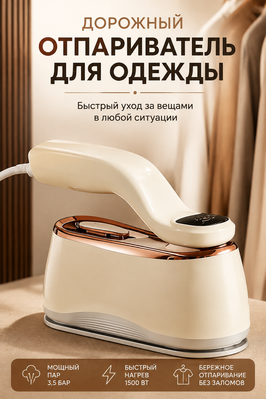 Дорожный ручной отпариватель для одежды с керамической подошвой, 1500 Вт, 3,5 бар, светло-бежевый