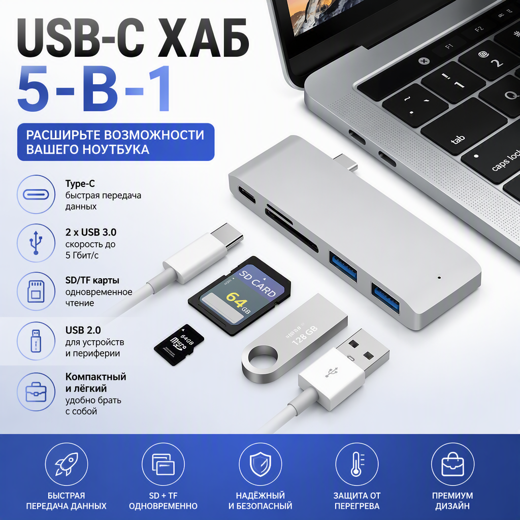 USB-хаб 5-в-1 серебристый для MacBook, Type-C концентратор с HDMI USB 3.0 PD, алюминиевый