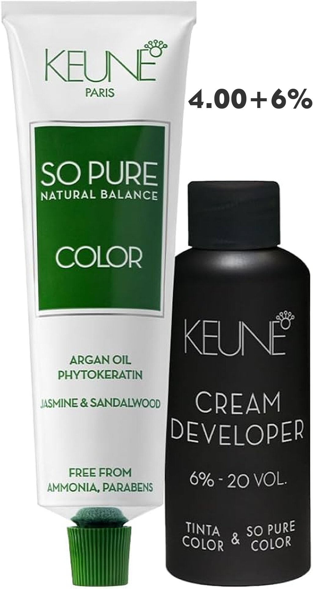 Keune So Pure #4.00 Средний шатен, 60 мл + Проявитель 6%, Краска для волос с покрытием седины