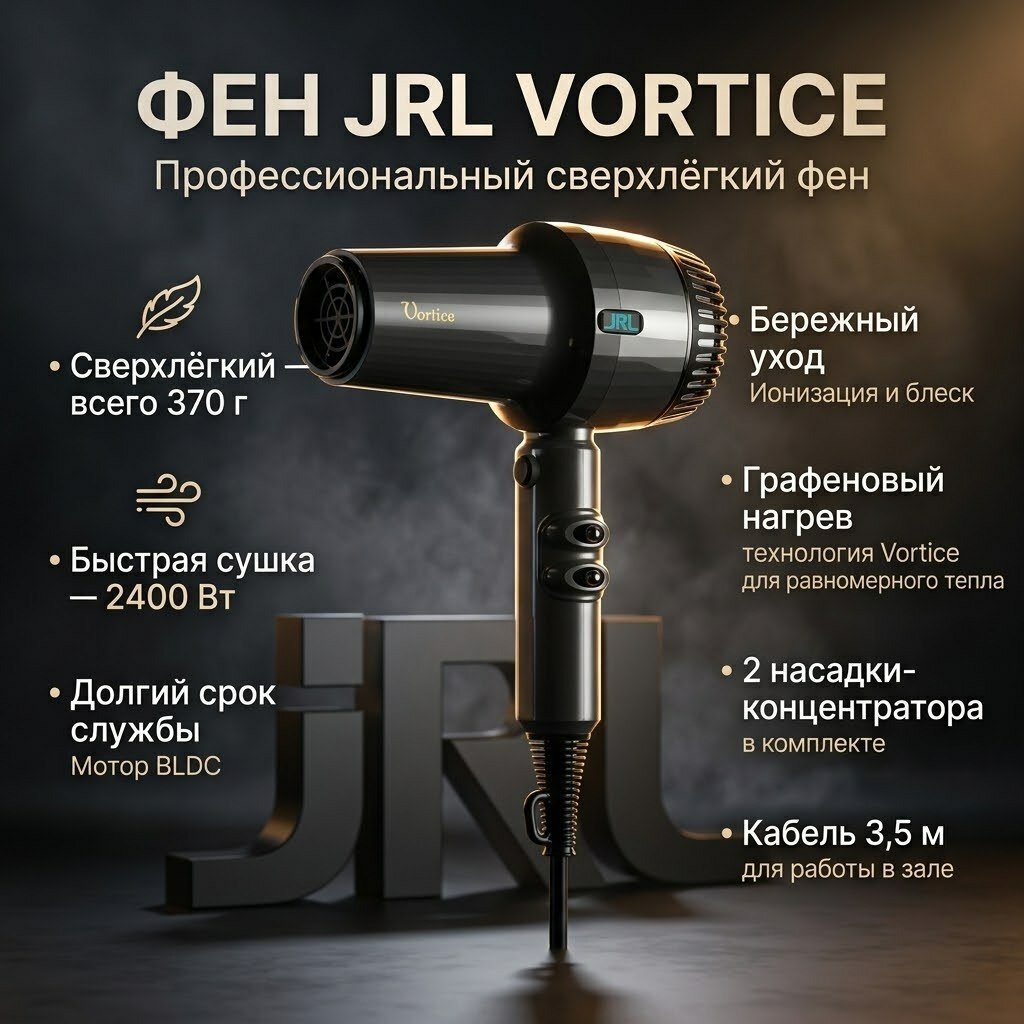 Фен для волос JRL Vortice 2025L-B Черный, ионизация, 2400Вт, 2 концентратора, 2 скорости, 2 режима, профессиональный