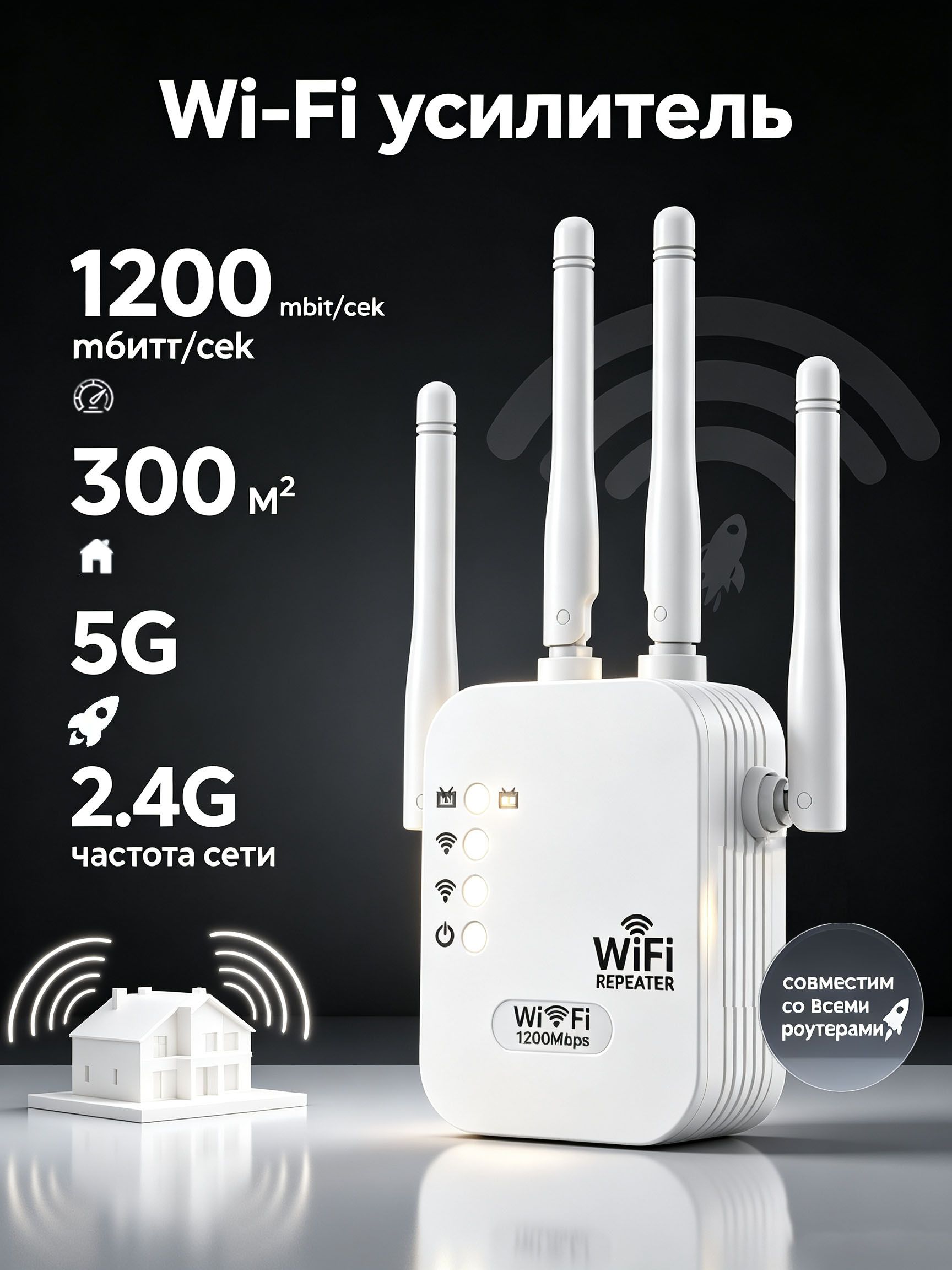 Репитер, Усилитель сигнала Wi-Fi, 2.4 ГГц, 1200 Мбит/с, 4 антенны
