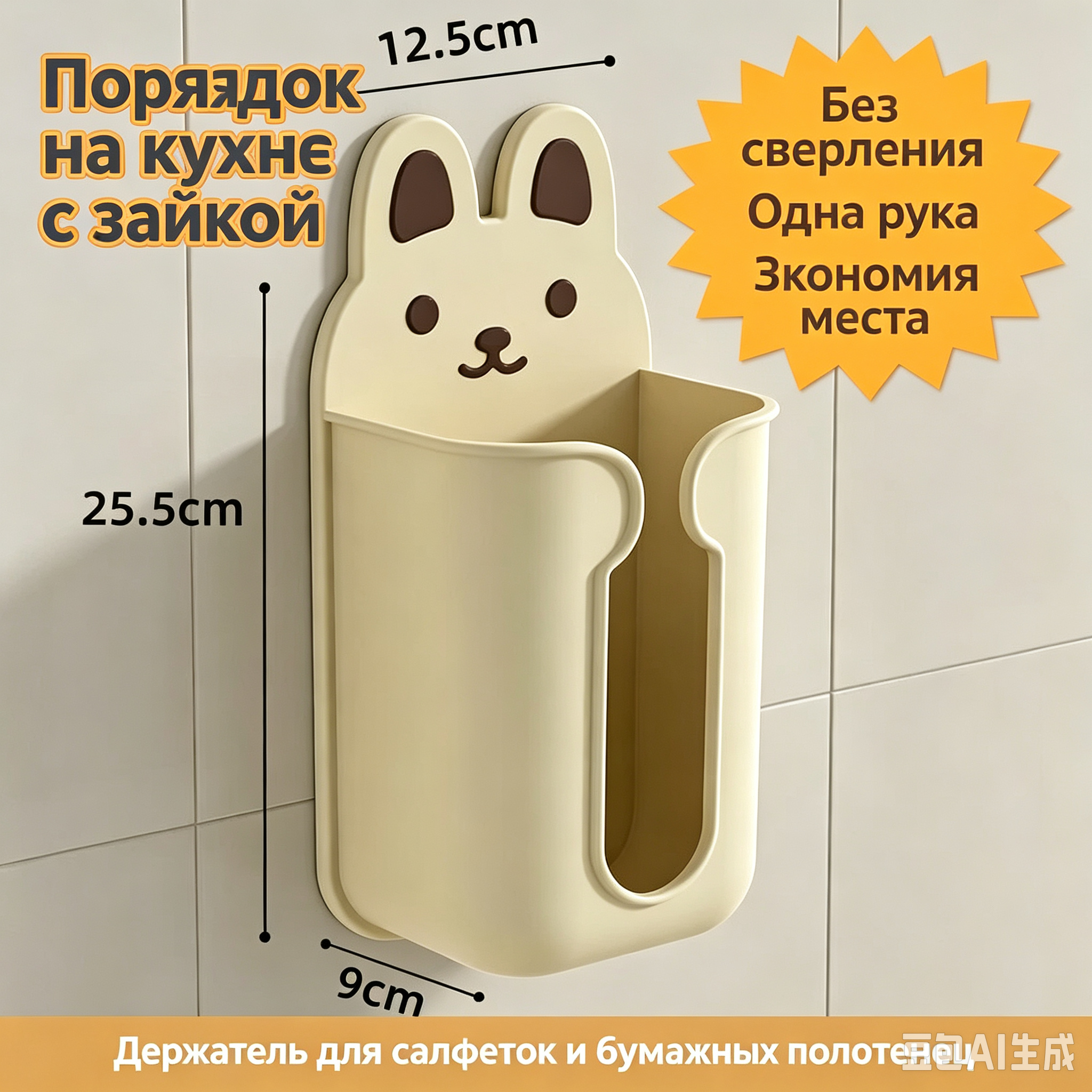 Настенная коробка для салфеток "Легкий роскошный мультяшный Кролик", пластик, 25,5x12,5x9 см, 1шт