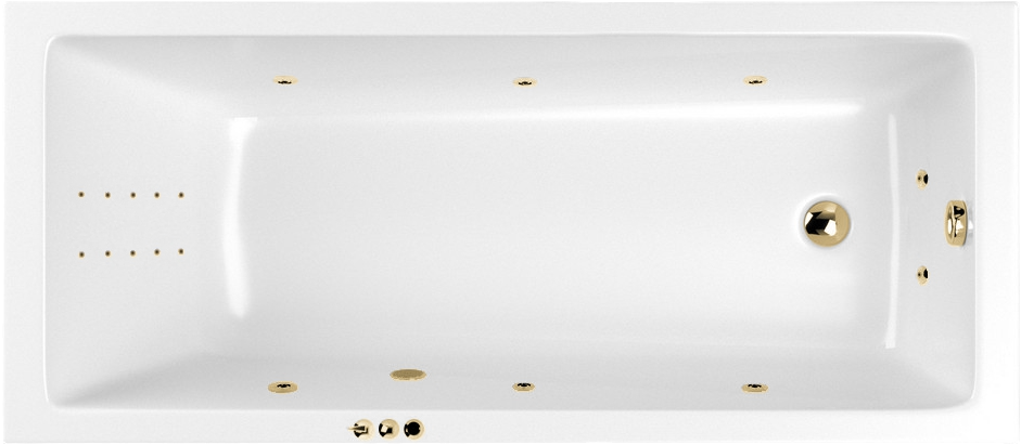Акриловая ванна WHITECROSS Wave Slim Smart Nano 170x70 см, встраиваемая, с гидромассажем, белый глянец, с каркасом, со сливом-переливом, фурнитура золото