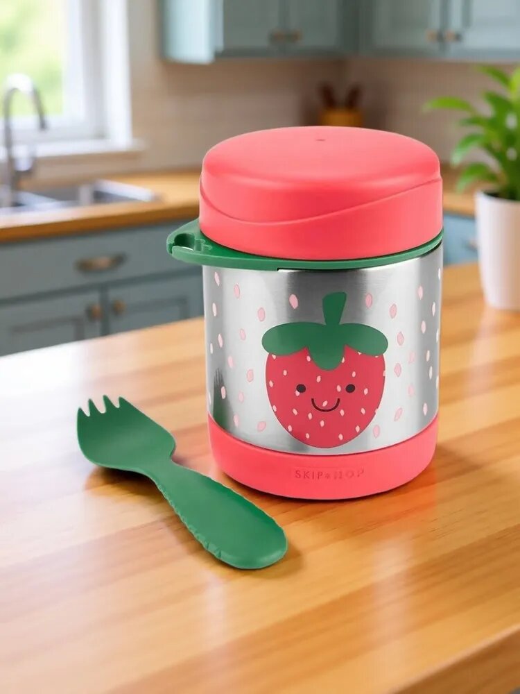 Термос детский для еды Skip Hop с широким горлом вилкой ложкой Клубника