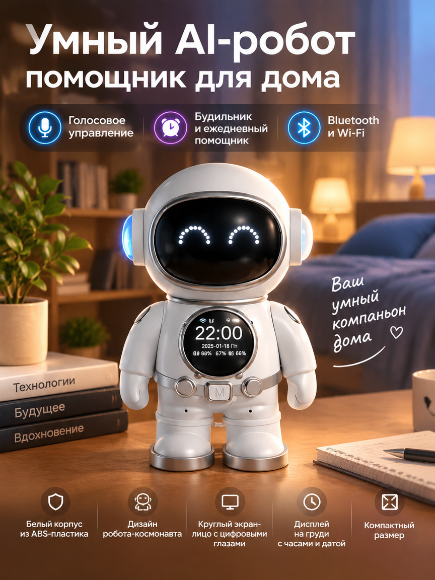 Умный AI-робот помощник для дома: голосовое управление, будильник, Bluetooth и Wi-Fi, белый