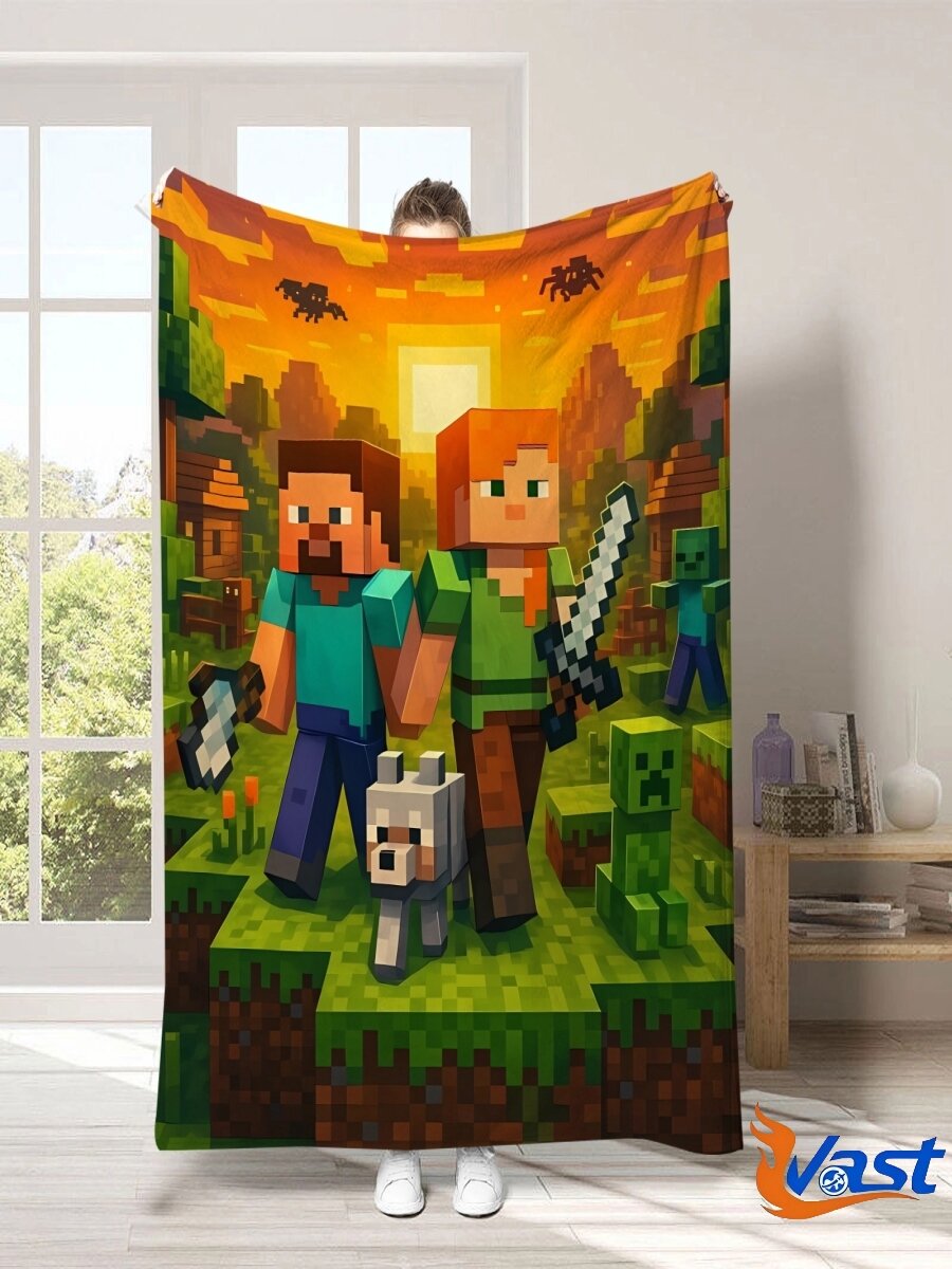 Детский фланелевый плед по мотивам игры Minecraft, мягкий теплый плед для детей, размер 150 200 см