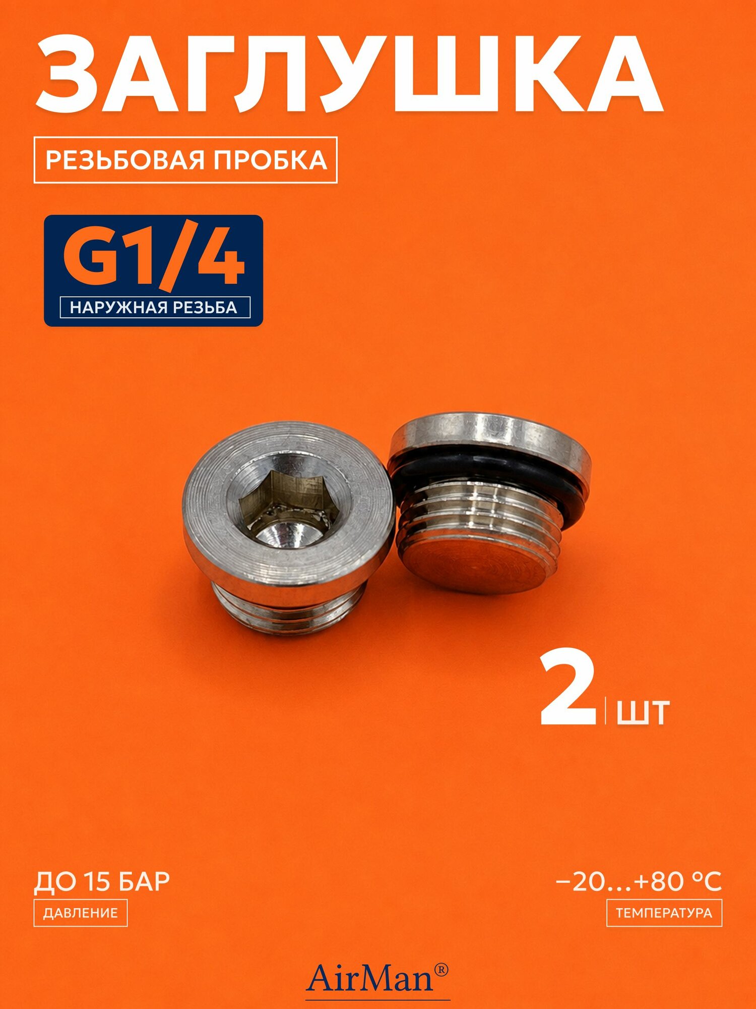 Заглушка резьбовая (пробка) G1/4, наружная резьба, латунь, 2 шт