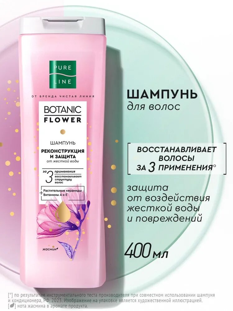 Шампунь для волос женский Pure Line восстанавливающий с керамидами и витаминами от бренда Чистая Линия 400 мл