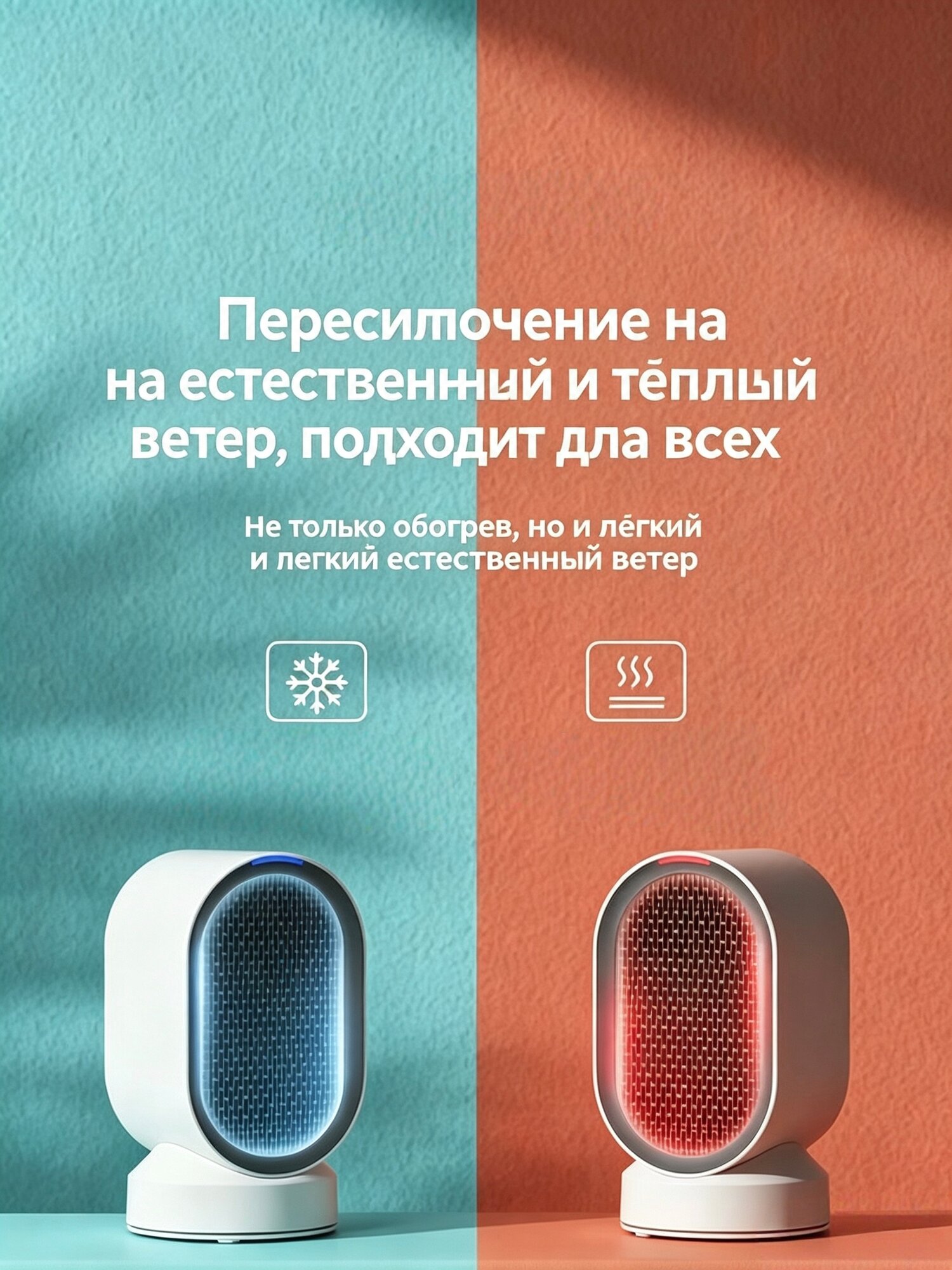 Настольный вентилятор-обогреватель, энергосберегающий и тихий, подходит для дома и офиса.