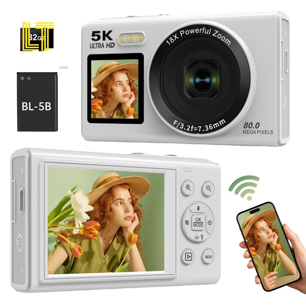 Цифровая Камера 5K 80 МП с Wi-Fi с двумя экранами, в комплекте с аккумулятором и SD-картой 32GB