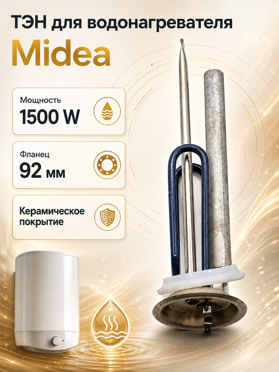 ТЭН для водонагревателя Midea 1500 Вт с анодом и прокладкой 17451000008892