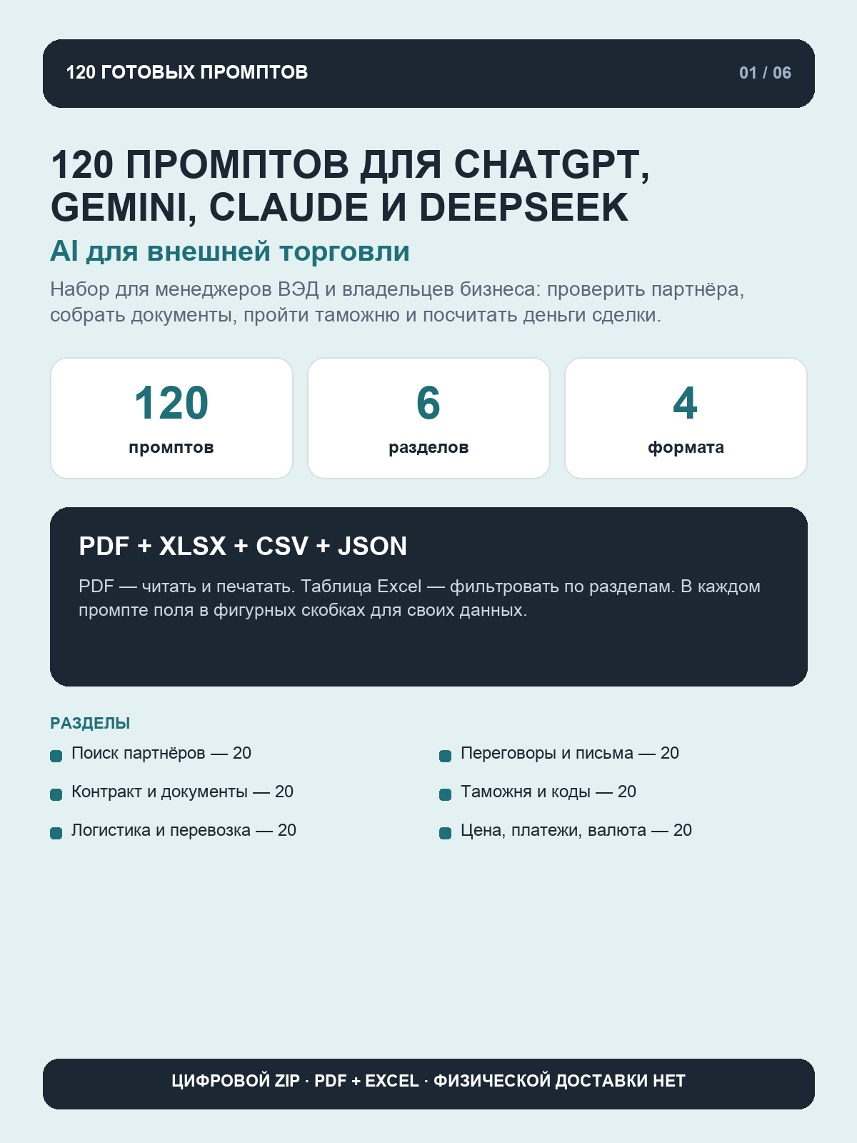 AI для внешней торговли: 120 промптов для ChatGPT, Gemini, Claude и DeepSeek, цифровой ZIP PDF и Excel