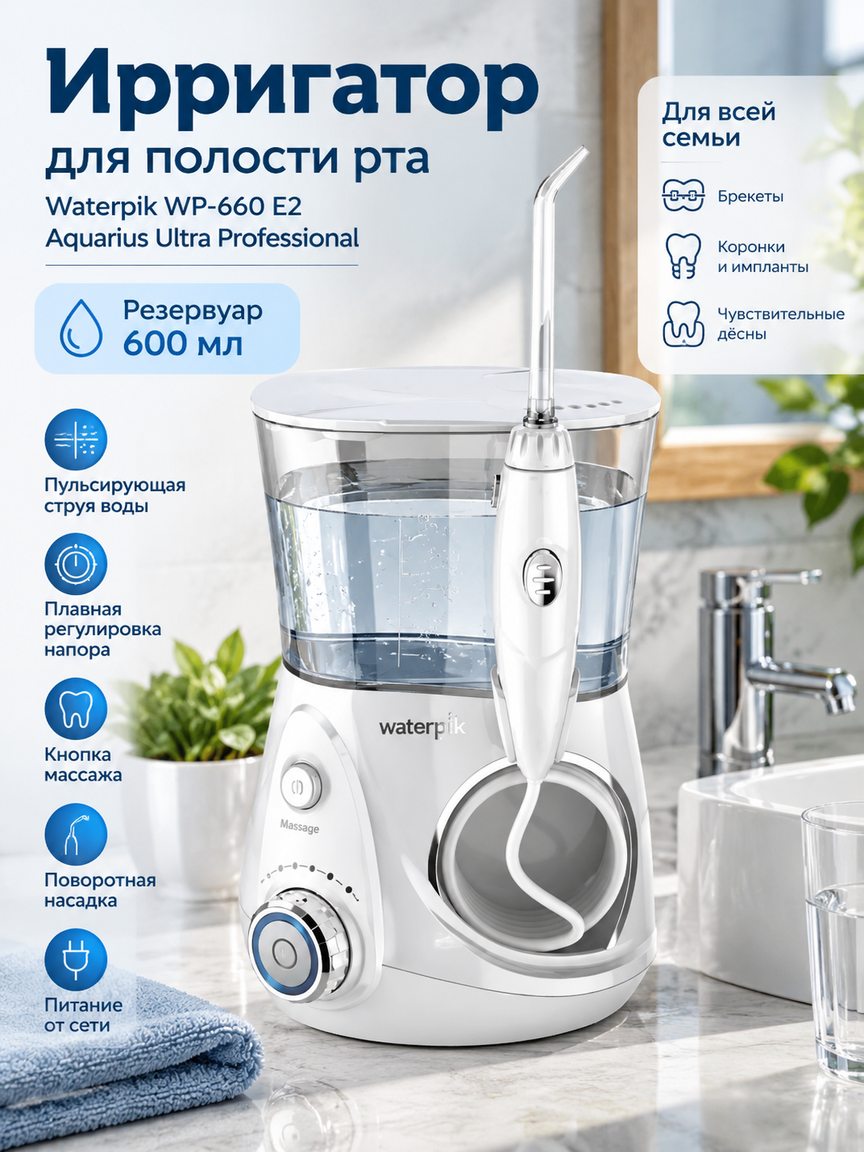 Ирригатор для полости рта стационарный, резервуар 600 мл, 10 режимов и регулировка напора струи