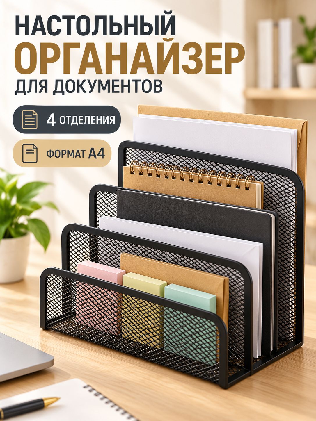Органайзер для документов металлический 4 секции, настольная подставка для бумаг формата А4