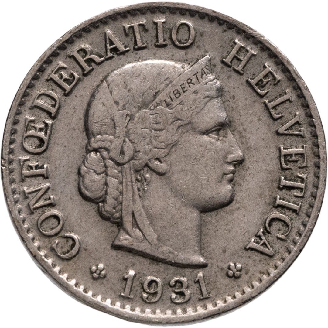 Швейцария 5 раппенов rappen 1931, Мельхиор медь-никель, в сохранности VF-XF