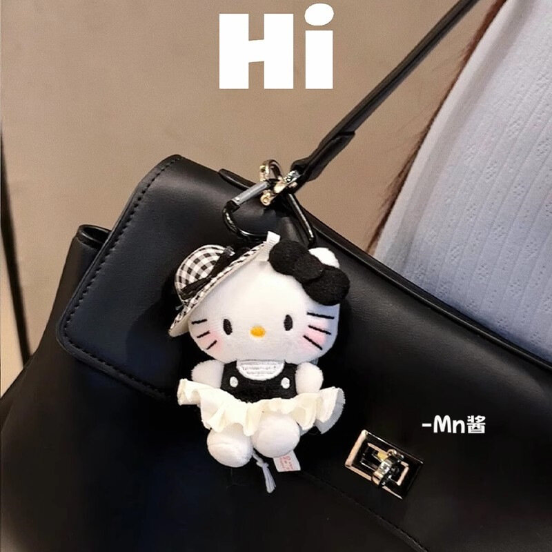9 см плюшевый брелок Hello Kitty для сумки с подвеской и сердечком, черная соломенная шляпа, без бирки, милая игрушка