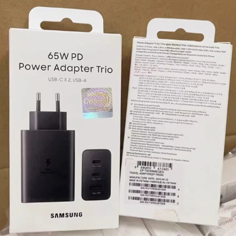 Зарядное устройство Samsung 65 Вт с поддержкой PD, сверхбыстрое, с тремя портами: USB-C / USB-A, оригинальное, для ЕС