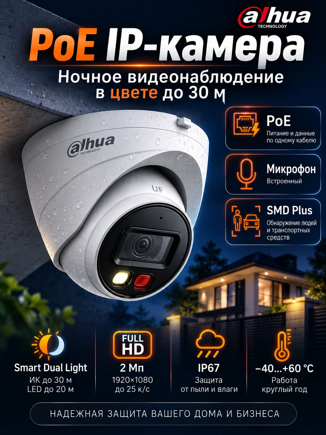 IP-камера видеонаблюдения Dahua DH-IPC-HDW1239VP-A-IL-0280B-S7 2Мп, PoE, микрофон, уличная, Smart Dual Light, SMD Plus