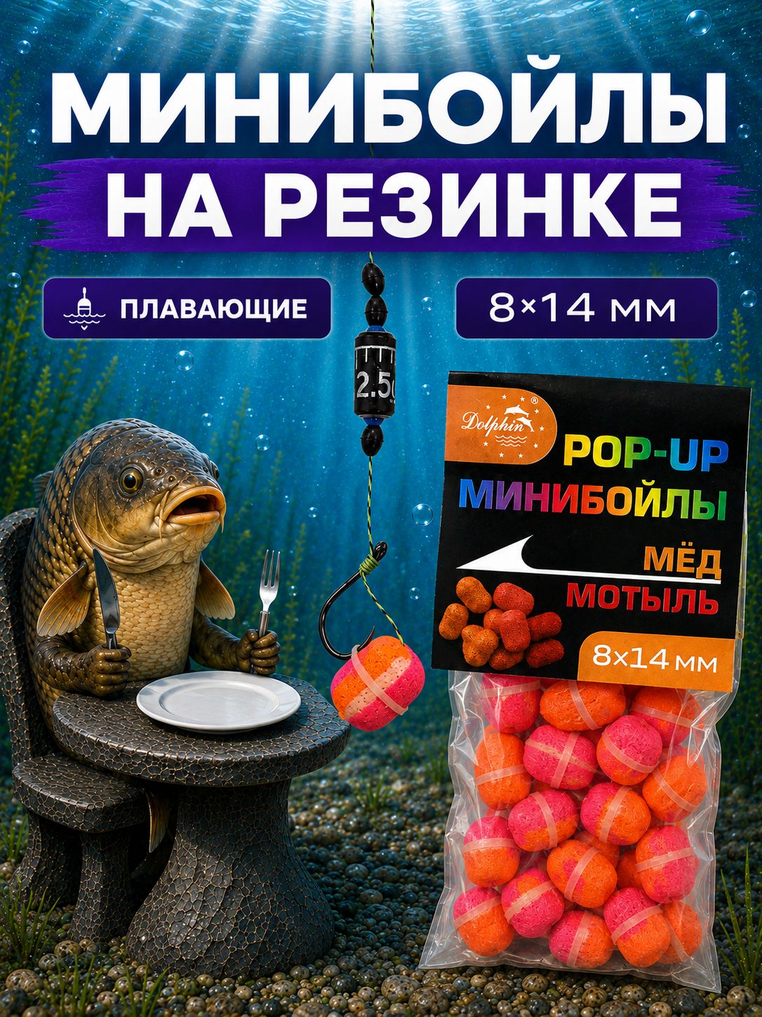 Минибойлы для рыбалки плавающие на резинке - 8*14 мм, мёд и мотыль - для карпа и карася