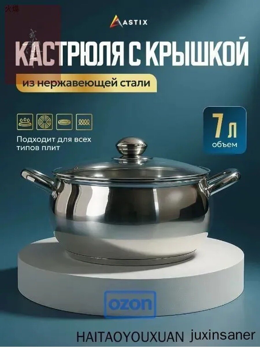 Кастрюля 24 см с крышкой, нержавеющая сталь, 7 л, высота стенки 14.5