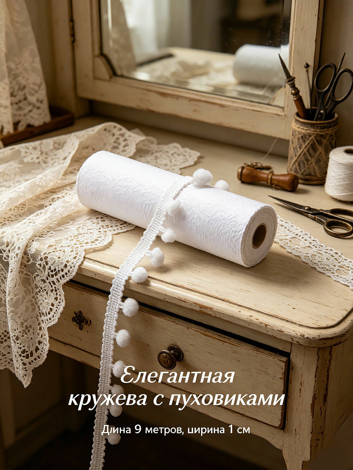 Тесьма с помпонами 9м 1см для штор подушек