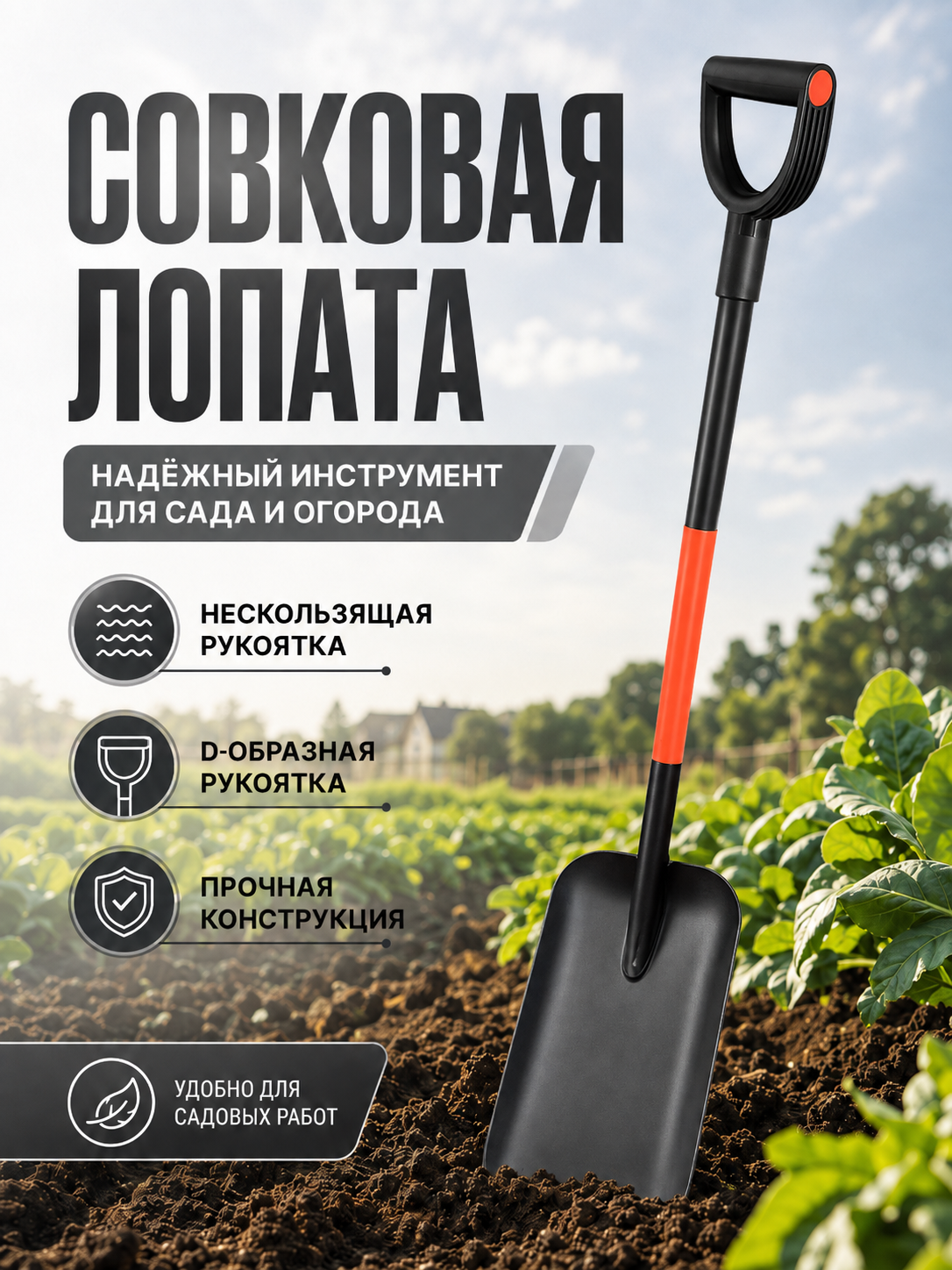 Лопата садовая вместительная, противоскользящая D-ручка, стандартный размер, подходит для копки, погрузки грунта