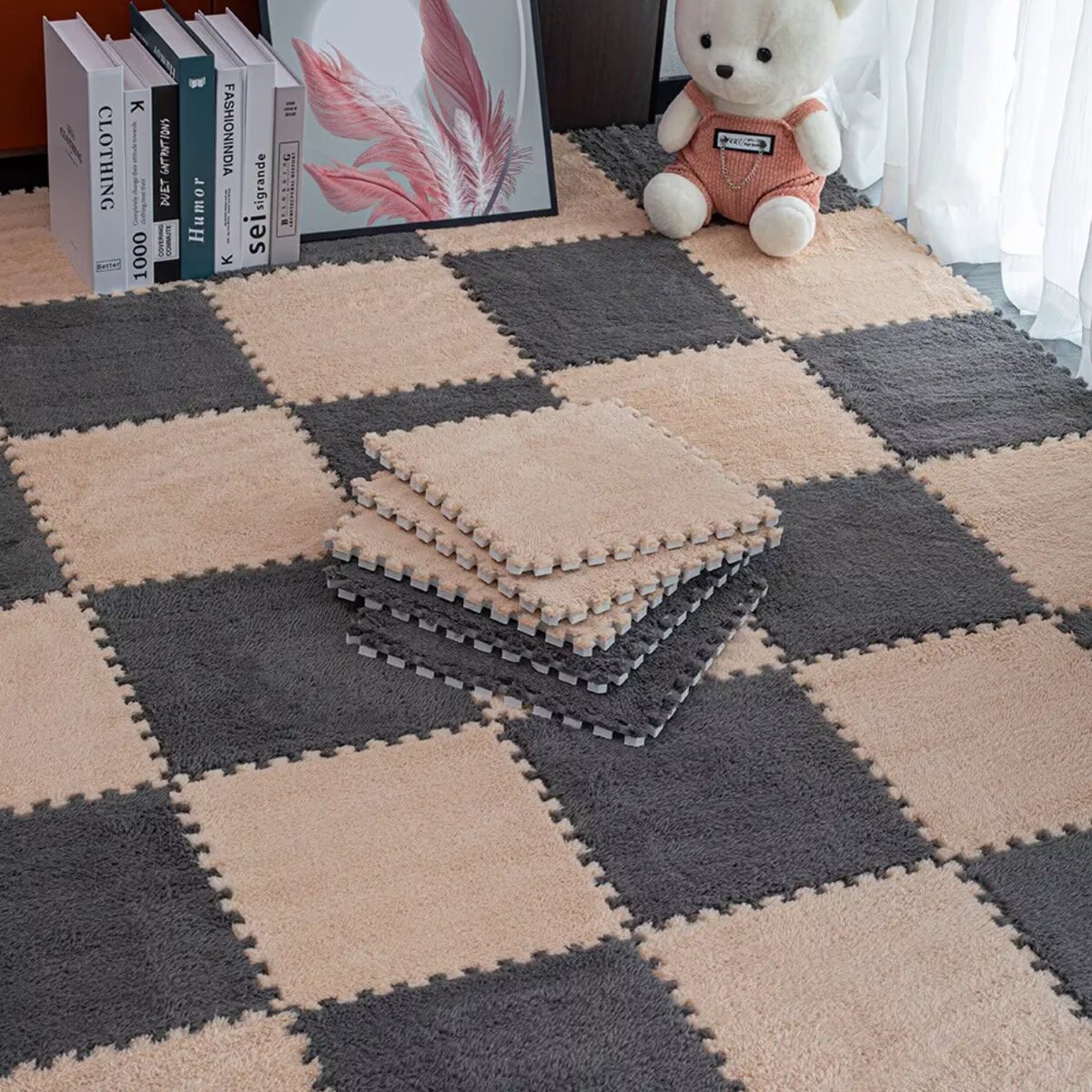Коврик-пазл с мягким ворсом, теплый, для зимы, 30х30х1см, 10 шт, black+brown