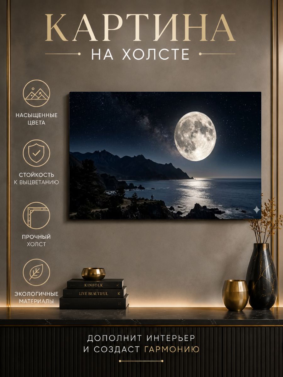 Картина на холсте Лунная ночь над океаном и 40x30 см