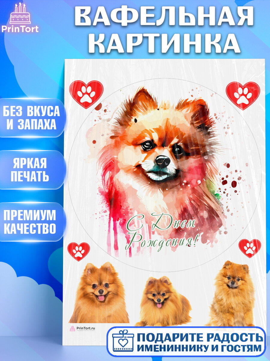 Вафельная картинка для торта Шпиц. Украшения для торта на День Рождения. Декор для выпечки PrinTort