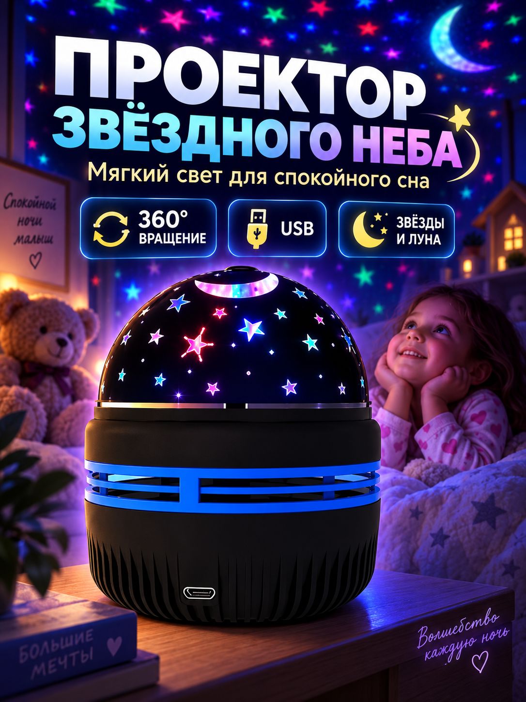 Ночник и проектор звездного неба-светодиодная лента с подключением через USB, 7-цветная RGB, эффект звездного неба, подходит для украшения спальни и дома.
