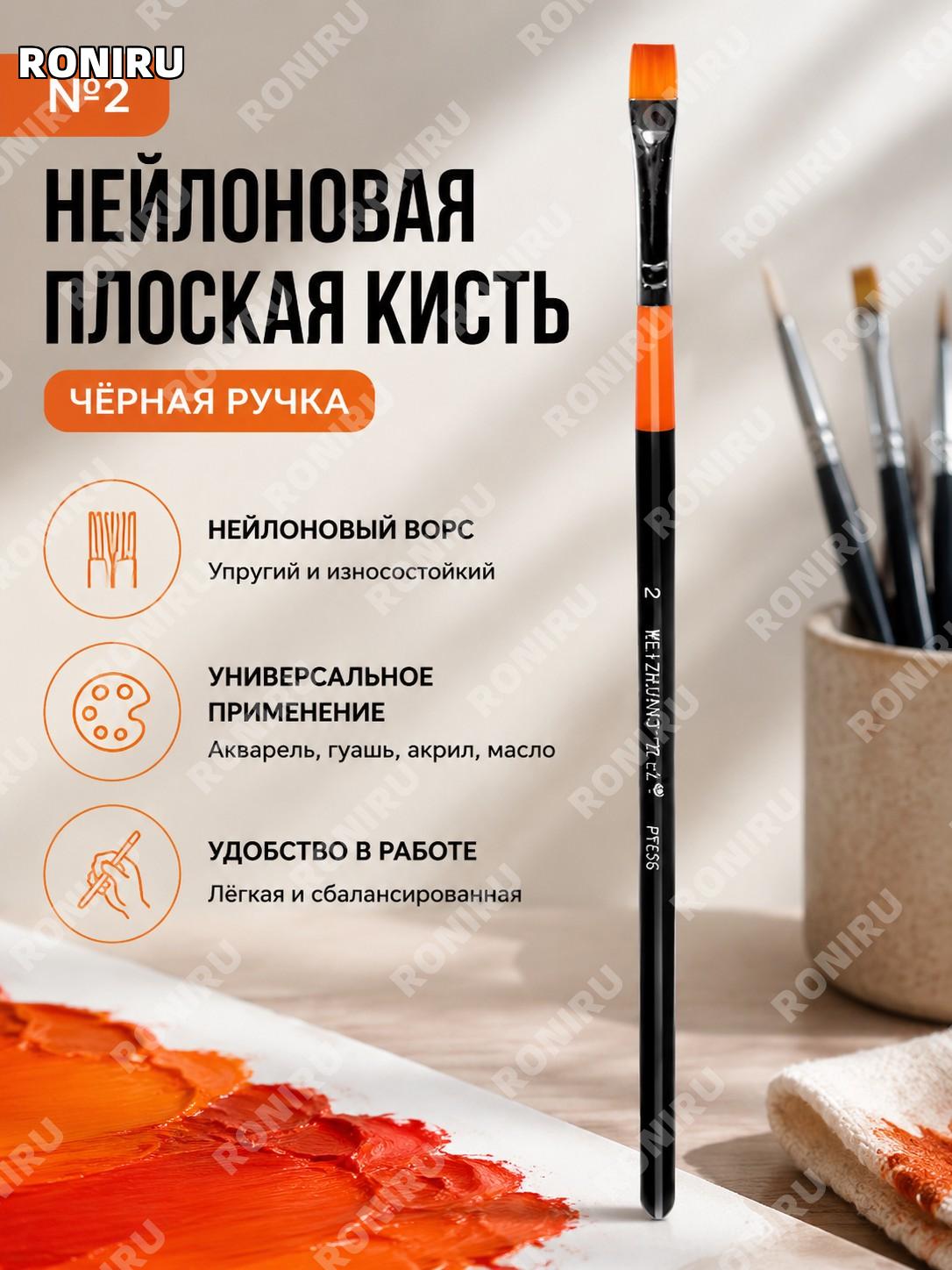 Кисть для рисования водных красок и акрила №2 нейлоновая с черной ручкой художественная для живописи для школы