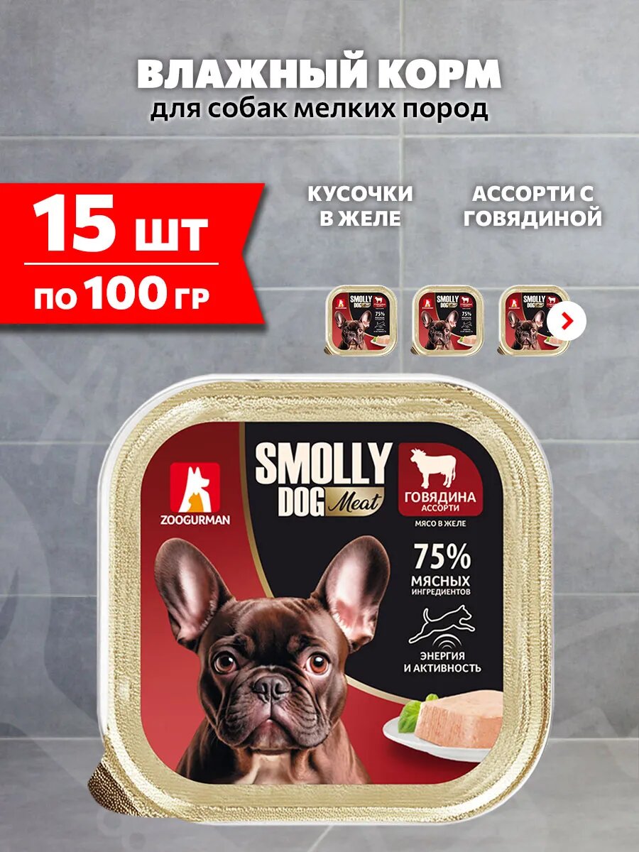 Корм влажный Зоогурман Smolly Dog для взрослых собак мелких пород, говяжье ассорти, 100 г 15 шт