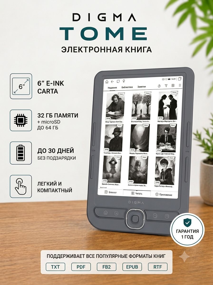 Электронная книга Digma Tome 6" E-ink Carta, 32 Gb