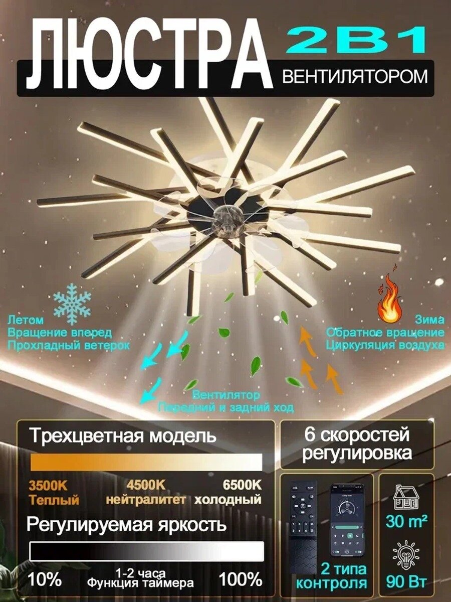 Люстра с вентилятором 2 в 1, 90 Вт, трехцветная модель, 6 скоростей регулировки, черная