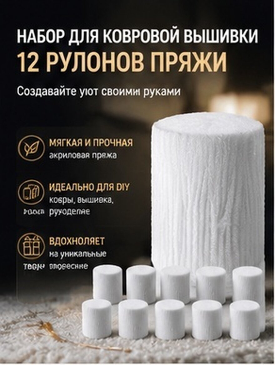 Набор для создания ковров из акриловой пряжи, белый цвет, 12 катушек, размер 6.00x3.50x3.50 см