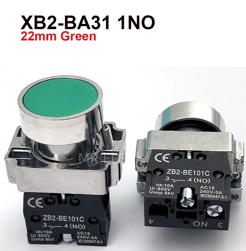 Кнопочный переключатель XB2-BA 22 мм 10А/415В XB2-BA31 NO green