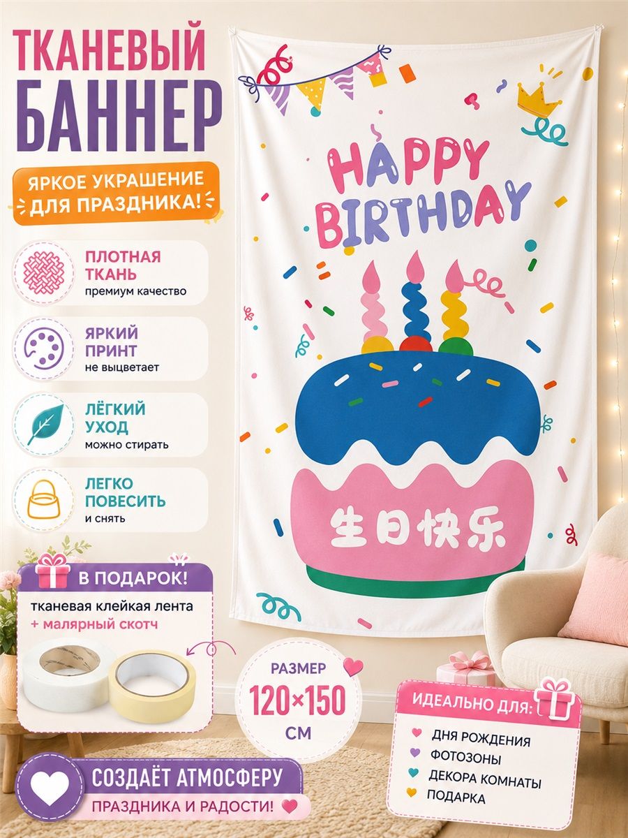 Тканевый плакат с днем рождения