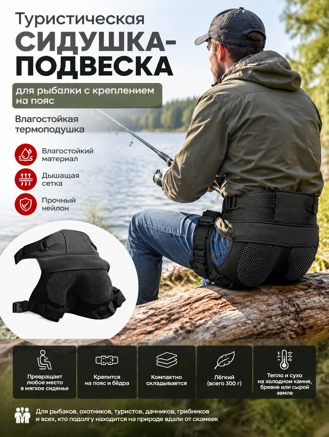 Туристическая сидушка-подвеска для рыбалки с креплением на пояс, влагостойкая термоподушка