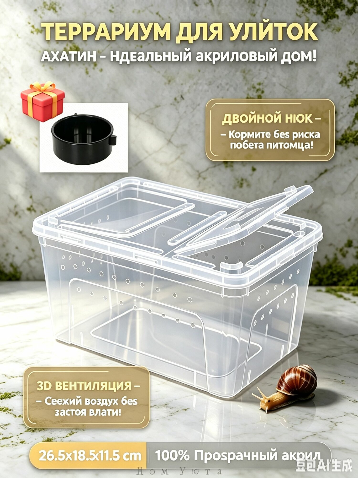 Террариум для улиток ахатин, акриловый ящик-инсектариум для разведения насекомых, пауков и рептилий, прозрачный бокс с крышкой и вентиляцией, 26.5*18.5*11.5cm15 см.