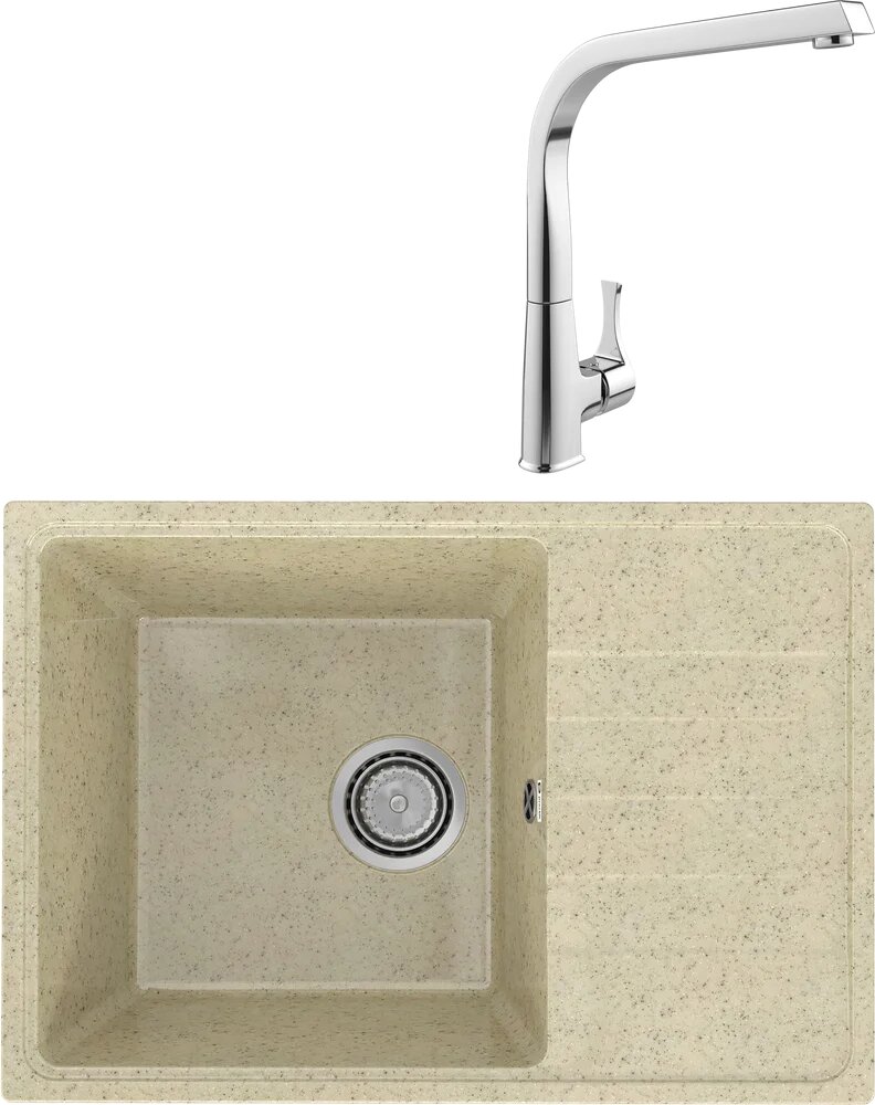 Комплект Мойка Practik PR-M 600-002 60x42, слоновая кость, искусственный мрамор / Смеситель MEGA Mega MG-SUN03 глянцевый хром